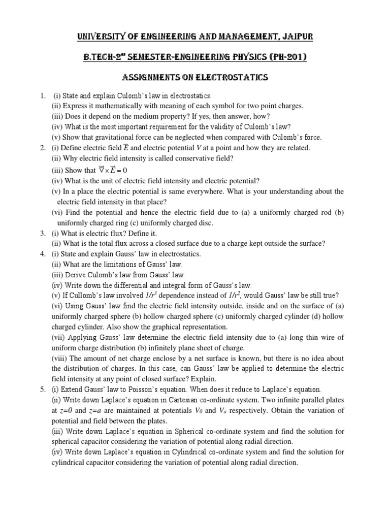 Assignment Electrostatics Pdf Electric Field Electrostatics