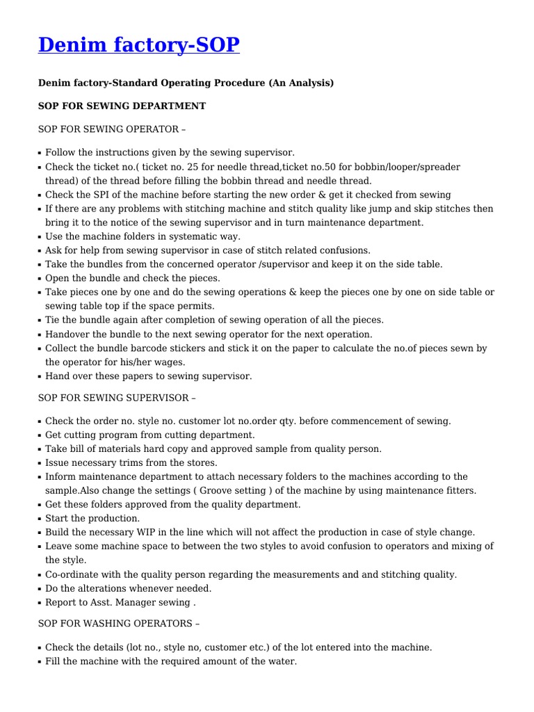 Denim Factory SOP | Download Free PDF | Sewing | Clothing