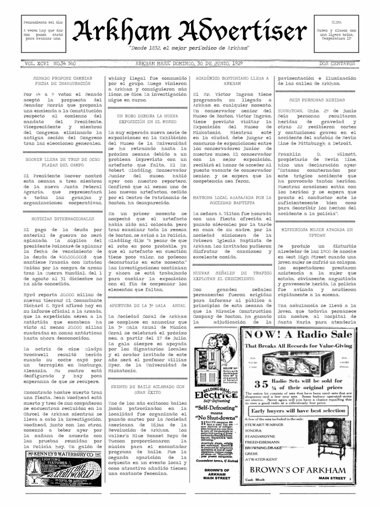 Arkham Investigator - Caso 1 - Arkham Advertiser 30th June 1929 | PDF ...
