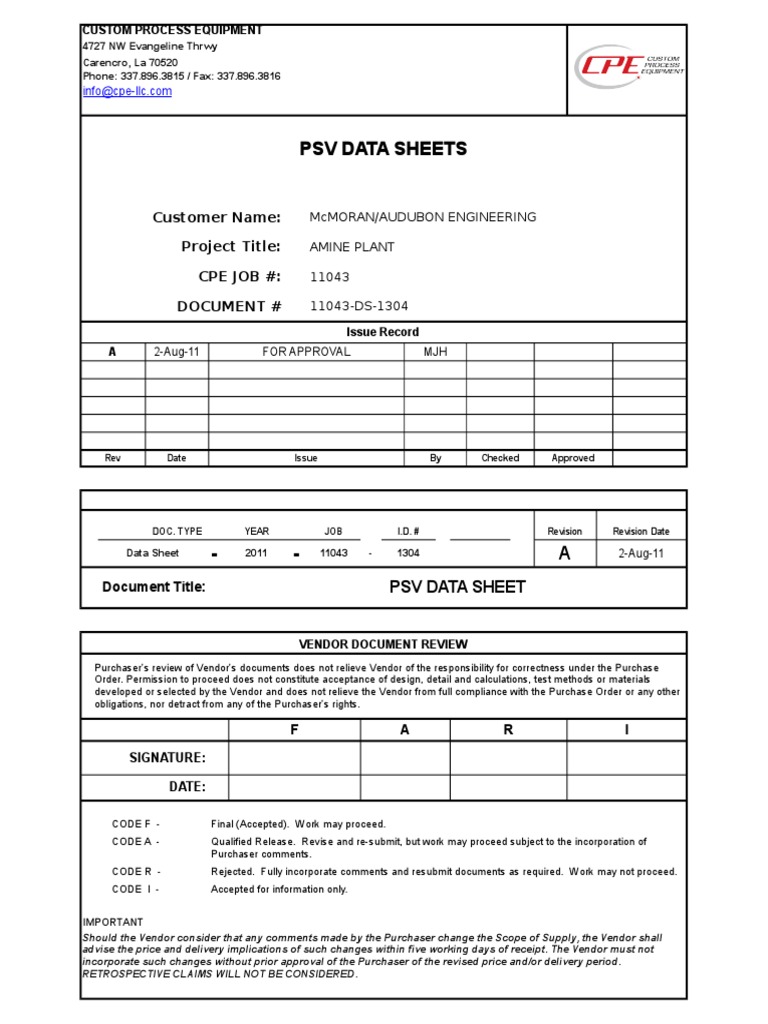 Data Sheets for Pressure Safety Valves for an Amine Plant Project | PDF ...