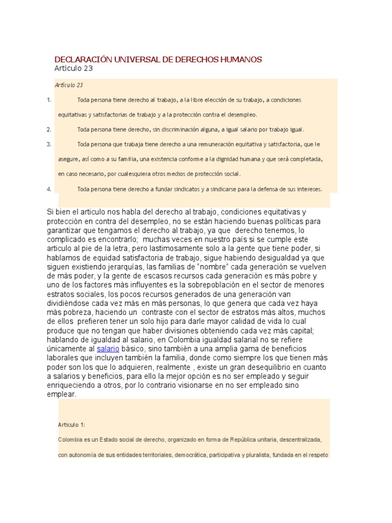 Declaración Universal de Derechos Humanos | PDF | Derecho laboral | Salario