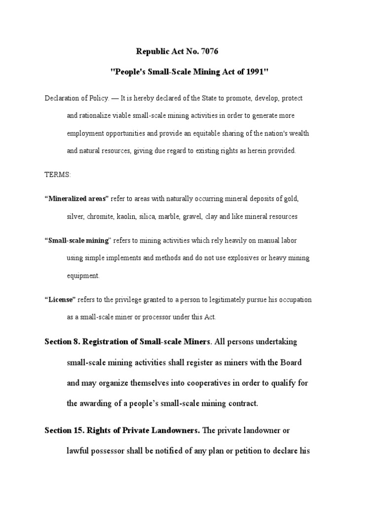 Republic Act No. 7076 "People's Small-Scale Mining Act of 1991" | PDF | Law