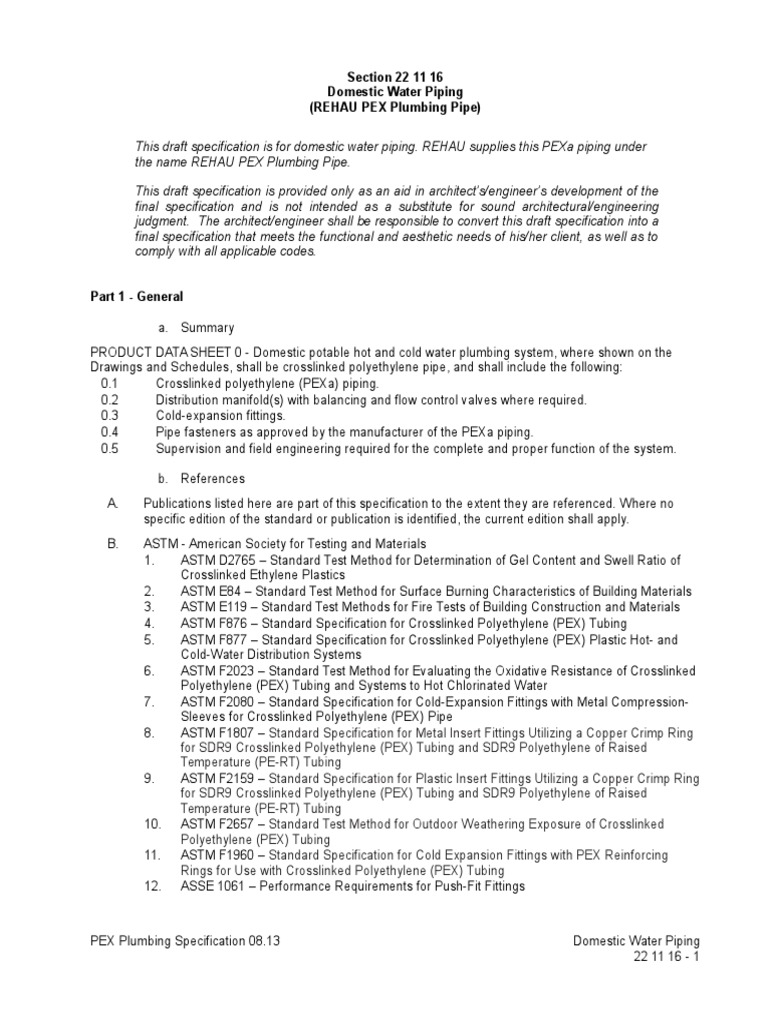 Pex Plumbing Pipe Specification | PDF | Plumbing | Polyethylene