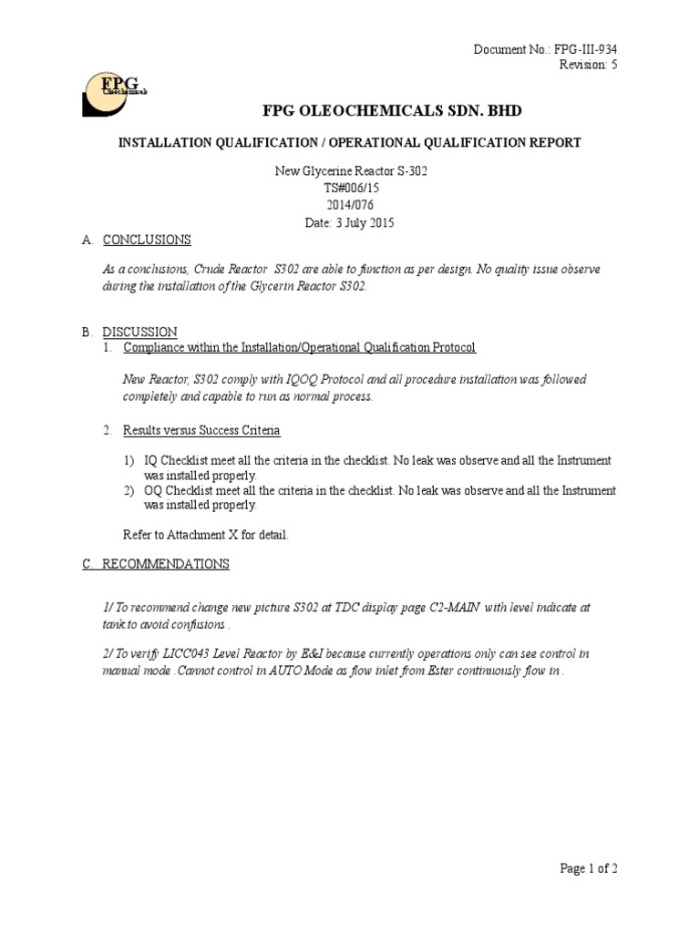 FPG Oleochemicals Sdn. BHD: Installation Qualification / Operational ...