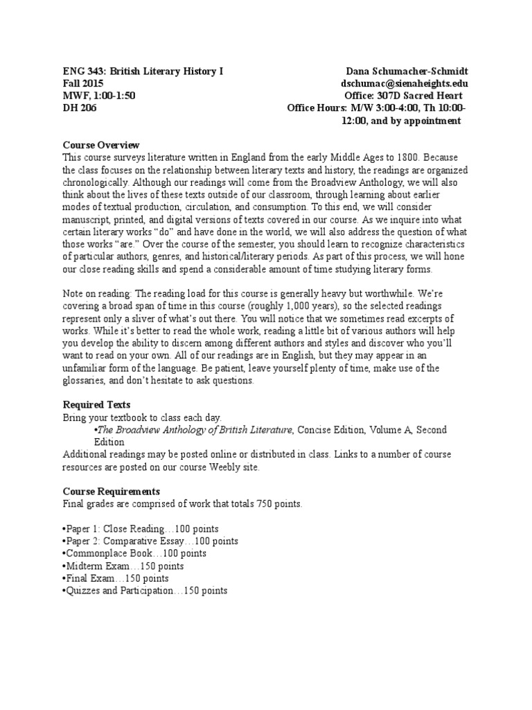ENG 343: British Literary History I Syllabus | PDF | Section 504 Of The ...