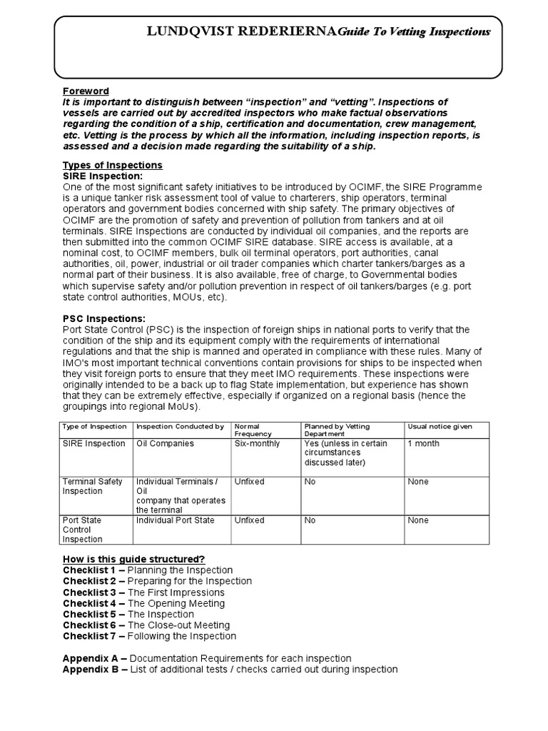 Vessel S Guide To Vetting Inspections | PDF | Ships | Safety