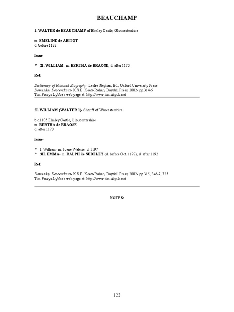 Beauchamp Family Lineage Overview | PDF