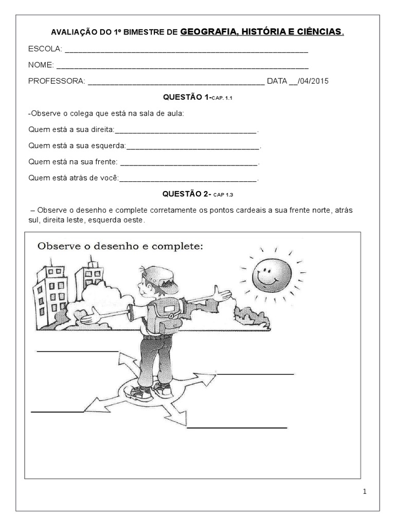 Avaliação Do 3º Ano 1º Bimestre Abril de 2015 Geografia, História e ...