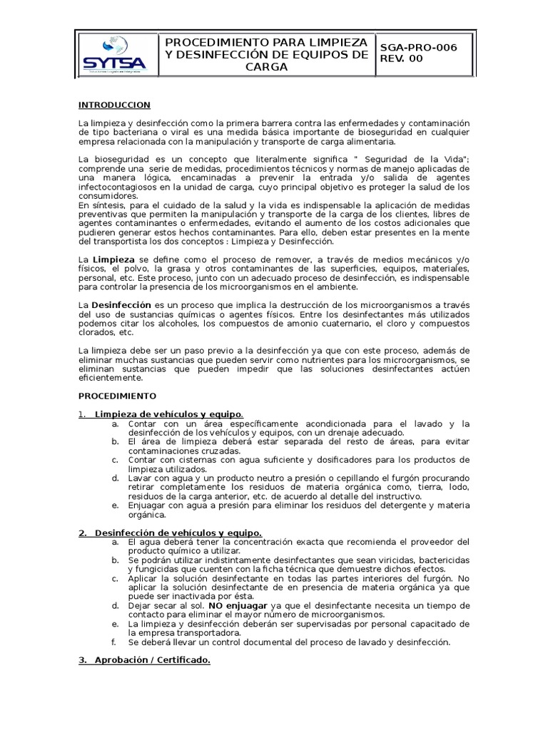 Procedimiento Limpieza y Desinfeccion | PDF | Agua | Contaminación