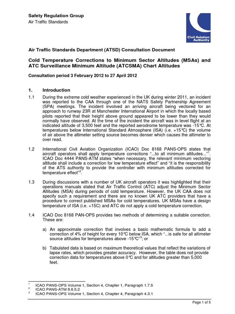 Cold Temperature Corrections Consultation Document | PDF | Air Traffic Control | Altitude