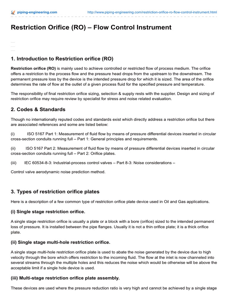 Restriction Orifice RO Flow Control Instrument | PDF | Valve | Soft Matter