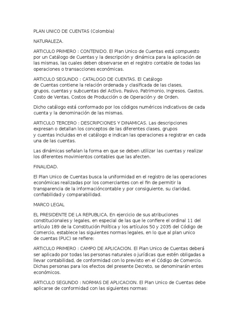 Plan Unico de Cuentas Colombia | PDF | Contabilidad | Economias