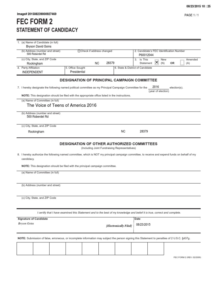 FEC Form 2: Campaign Committee Designation | PDF | Politics | Sports ...