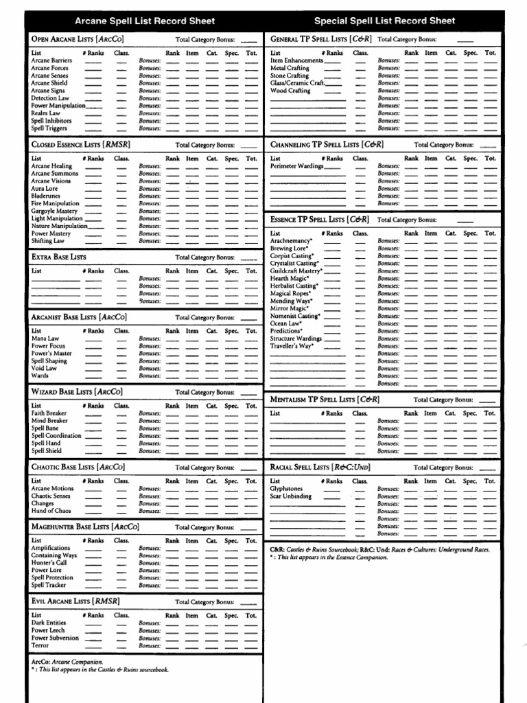 Rolemaster Spell List Record Sheet | PDF