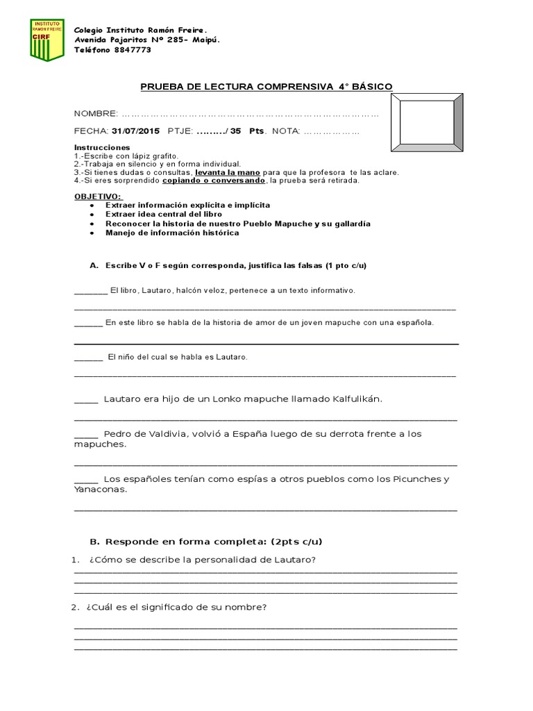 Prueba Lectura Libro Lautaro, Halcón Veloz | PDF