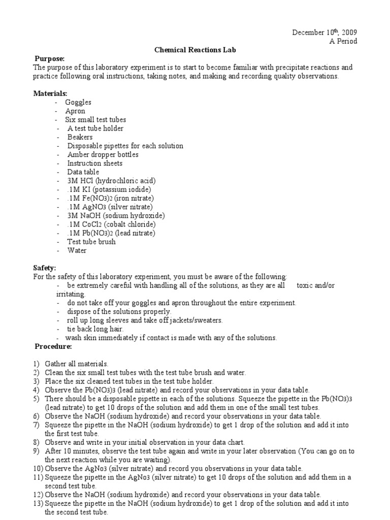 SFMS - 8th Grade - Chemistry Unit Laboratory Report - Ex 01 | PDF | Precipitation (Chemistry ...
