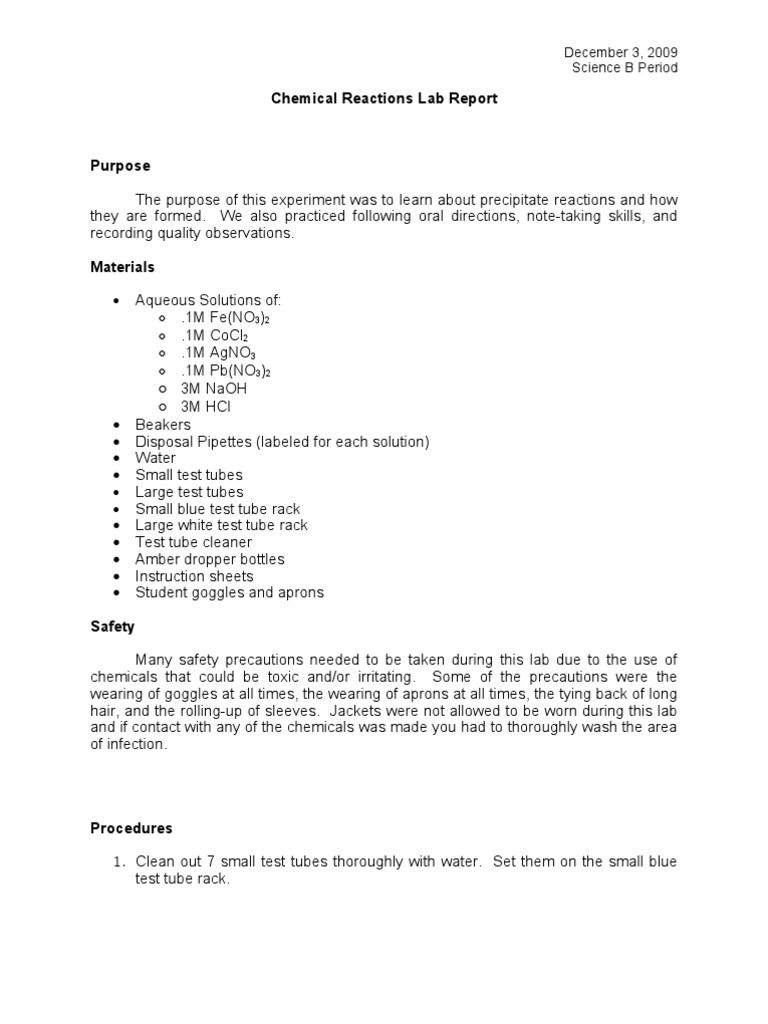 SFMS - 8th Grade - Chemistry Unit Lab Report - Example 02 | PDF ...