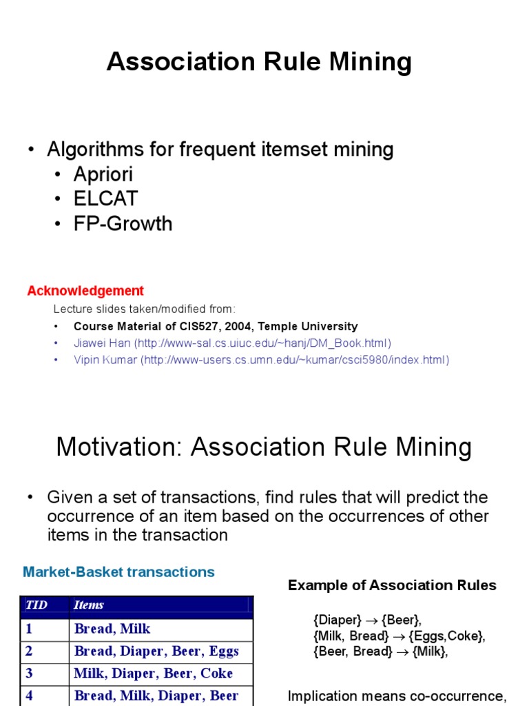 Association Rule Mining: - Algorithms For Frequent Itemset Mining - Apriori - Elcat - FP-Growth ...