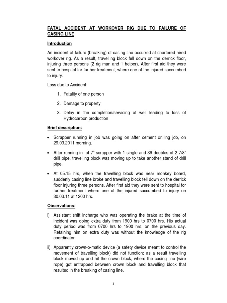 Fatal Accident at Workover Rig Due To Failure of Casing Line | PDF ...