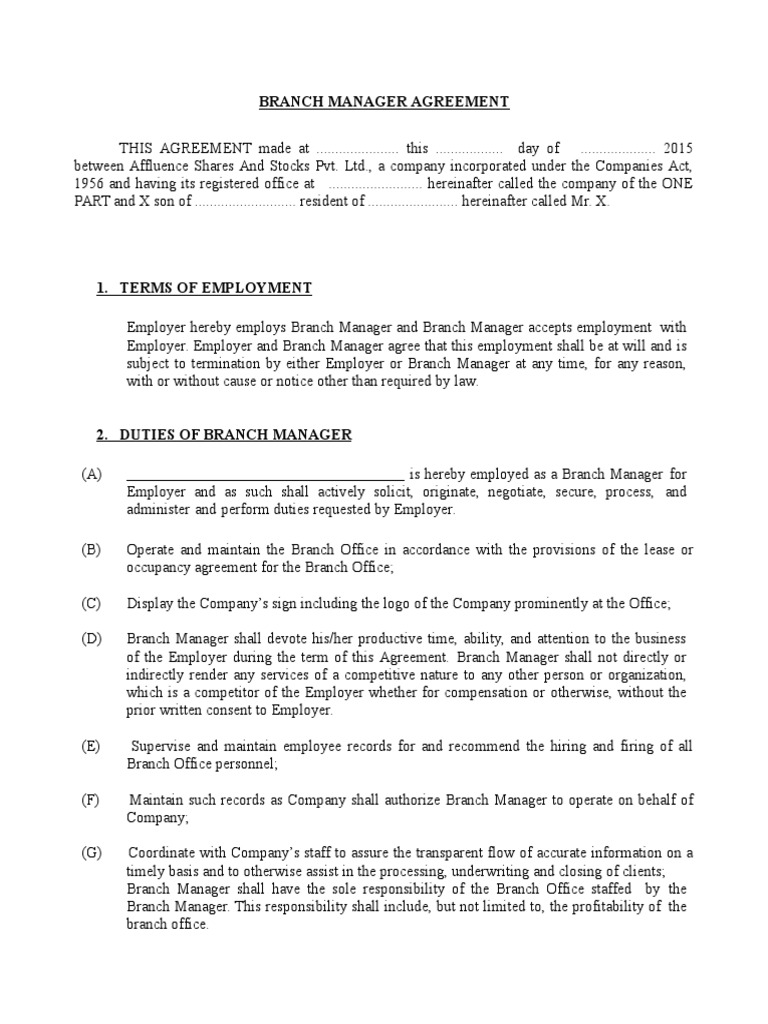 Branch Manager Agreement | Mail | Employment