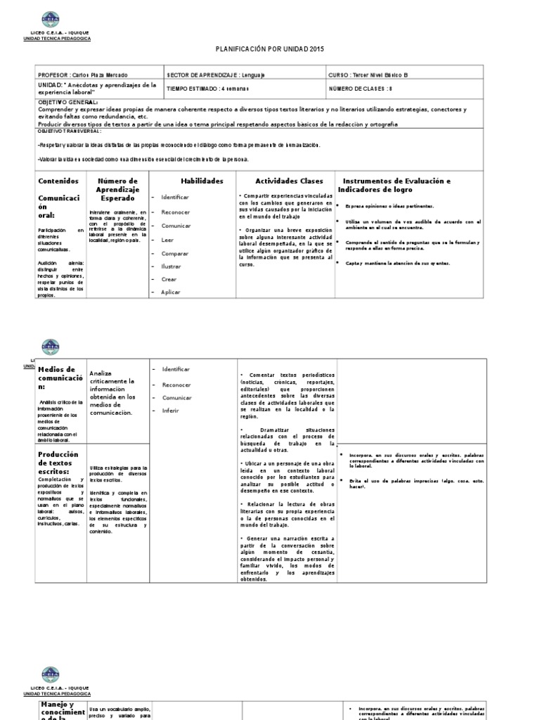 Planificacion de Lenguaje Tercer Nivel | PDF | Lectura (proceso ...