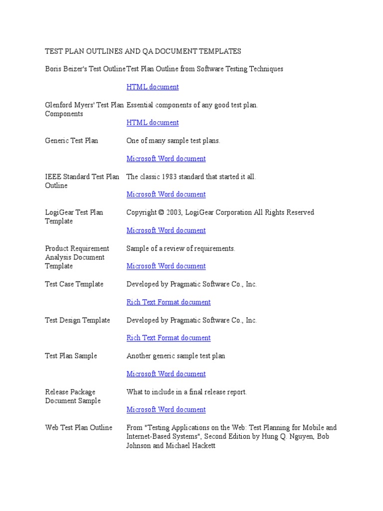 Test Plan Outlines and Qa Document Templates | PDF