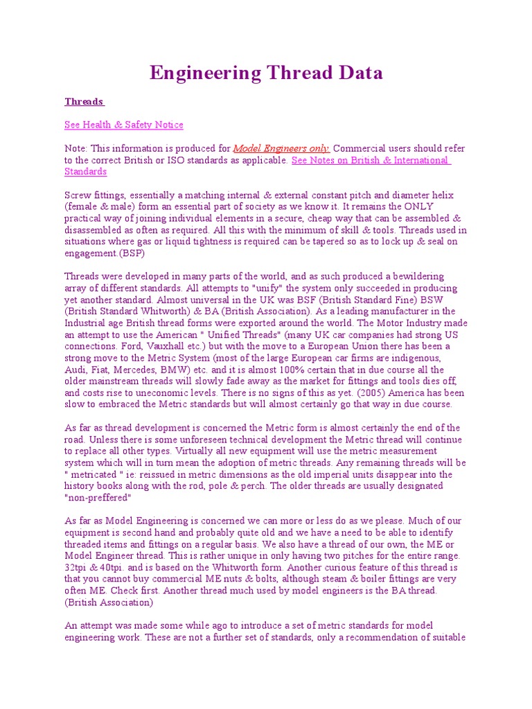 Engineering Thread Data | PDF | Screw | Metalworking