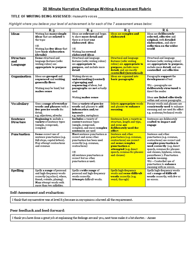 30 Minute Narrative Challenge Writing Assessment Rubric | PDF ...