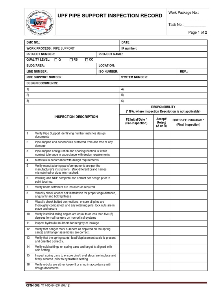 Upf Pipe Support Inspection Record | PDF | Pipe (Fluid Conveyance ...