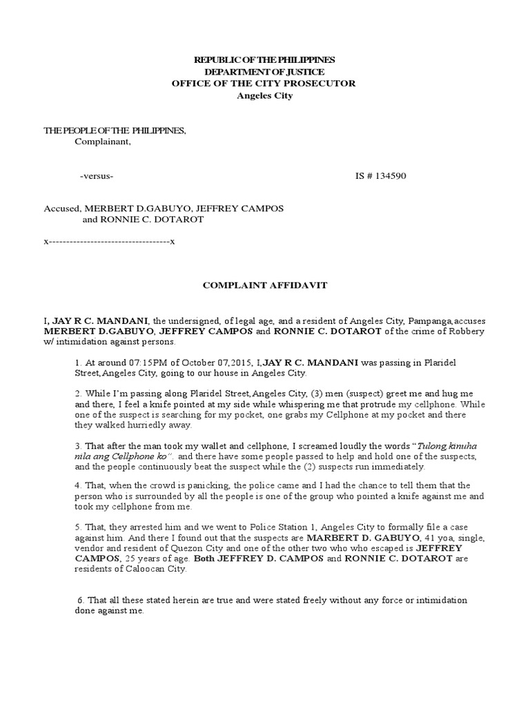 Complaint Affidavit for Robbery Case | PDF | Mystery, Thriller & Crime ...