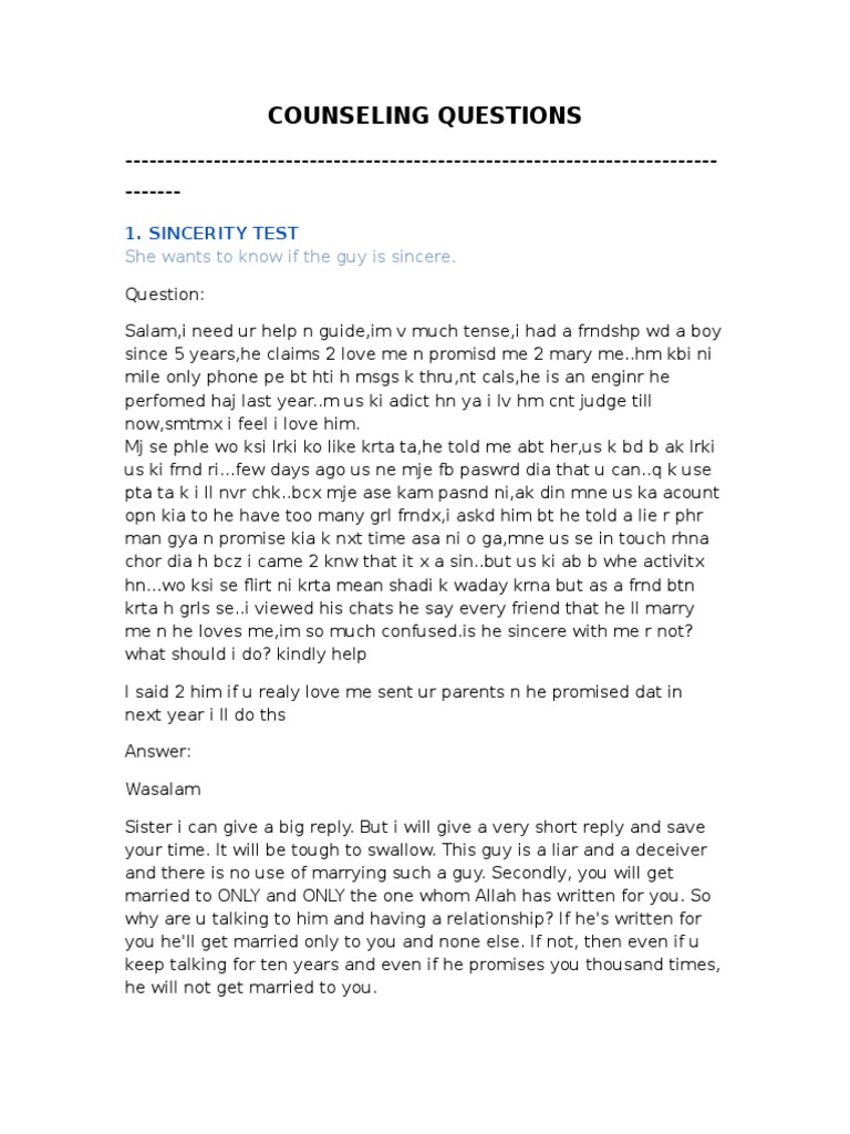 Counseling Questions: 1. Sincerity Test | PDF | Dream | Sahabah