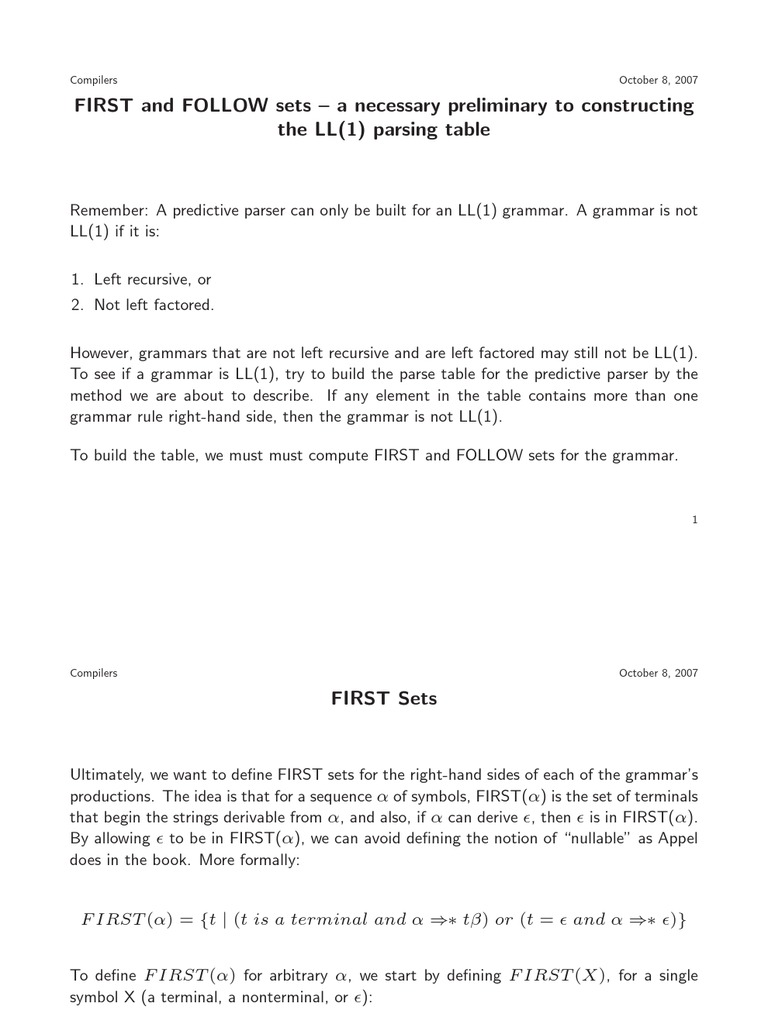 LL(1) Parsing: FIRST and FOLLOW Sets | PDF | Language Mechanics ...