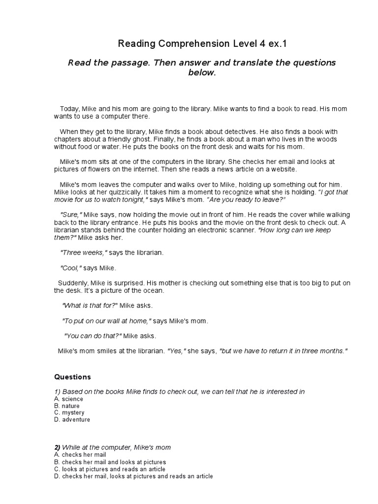 Reading Comprehension 1 Level 4 Solutions | PDF | Books | Librarian