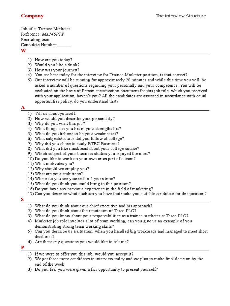 Recruitment and Selection Interview Questions | PDF | Interview ...