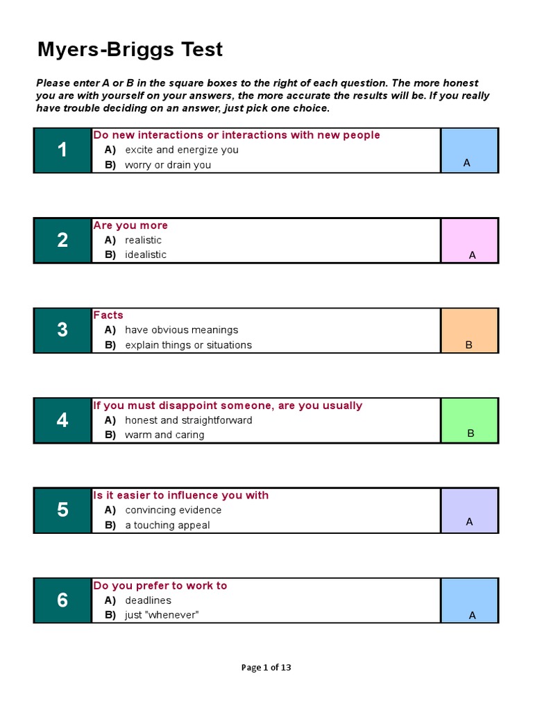 Myers Briggs Test Pdf Psychology Psychological Concepts