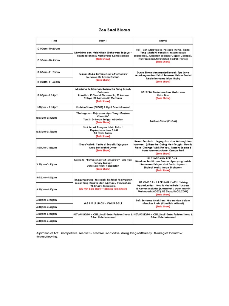 Event Schedule: Entrepreneurial Talks & Shows | PDF