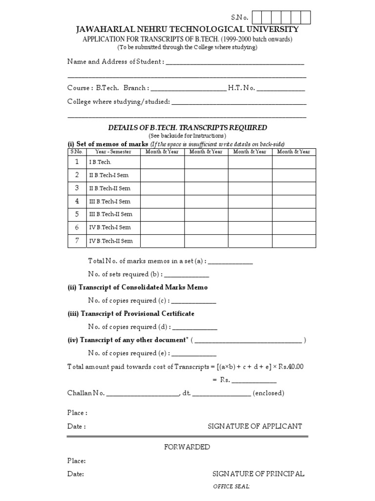 APPLICATION FOR TRANSCRIPTS OF B.TECH. (1999-2000 Batch Onwards) | PDF ...