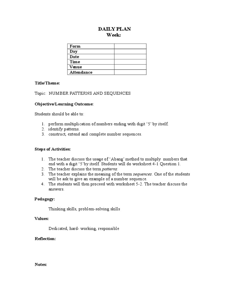 Lesson Plan Number Patterns Ans Sequences | Skill | Teachers