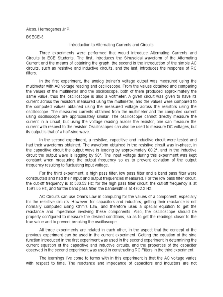 Ac Lab Report | PDF | Electronic Filter | Electrical Impedance