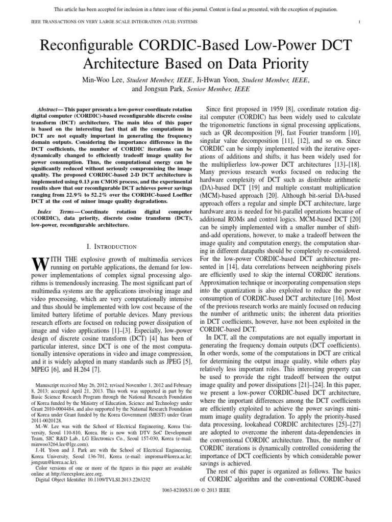 Reconfigurable CORDIC-Based Low-Power DCT Architecture Based On Data Priority | PDF | 2 D ...