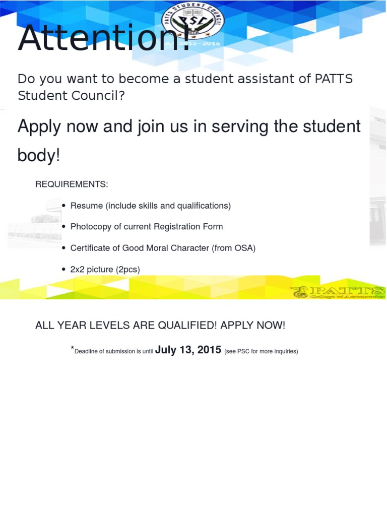 Attention!: Apply Now and Join Us in Serving The Student Body! | PDF
