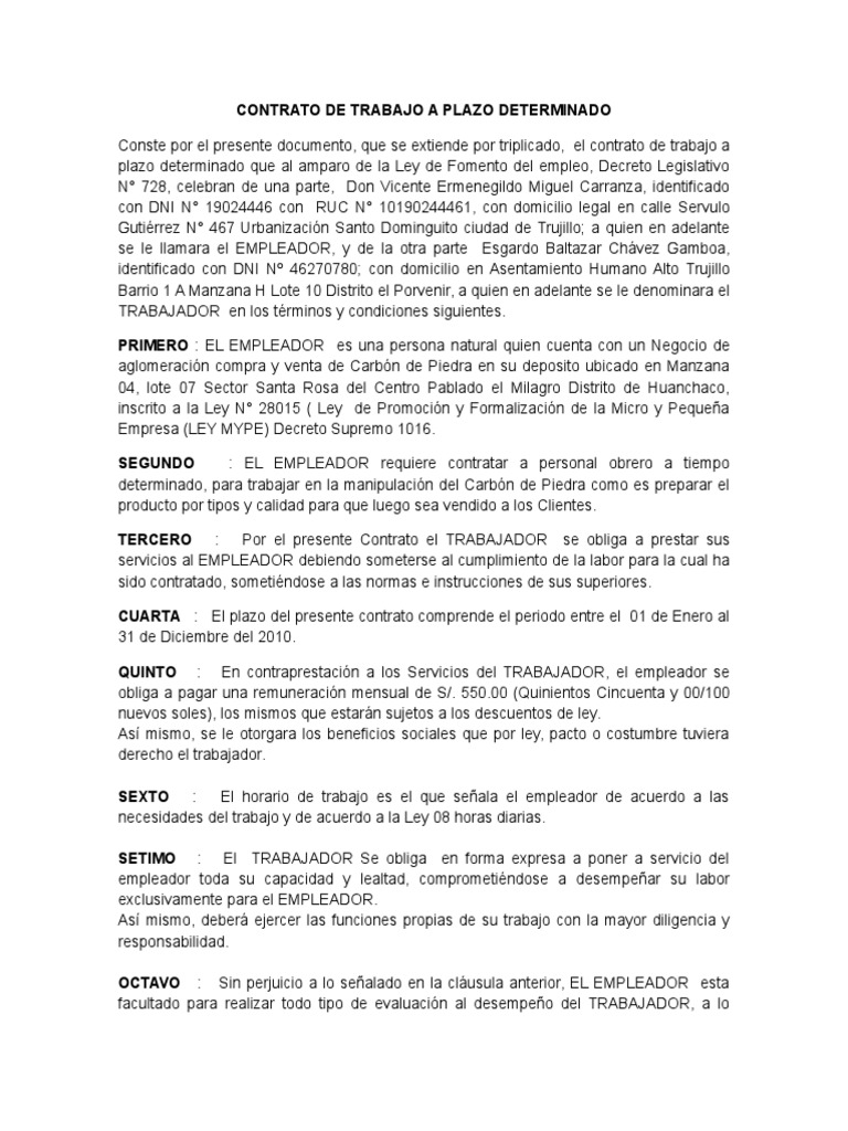 Contrato de Trabajo A Plazo Determinado | PDF | Derecho laboral | Instituciones sociales