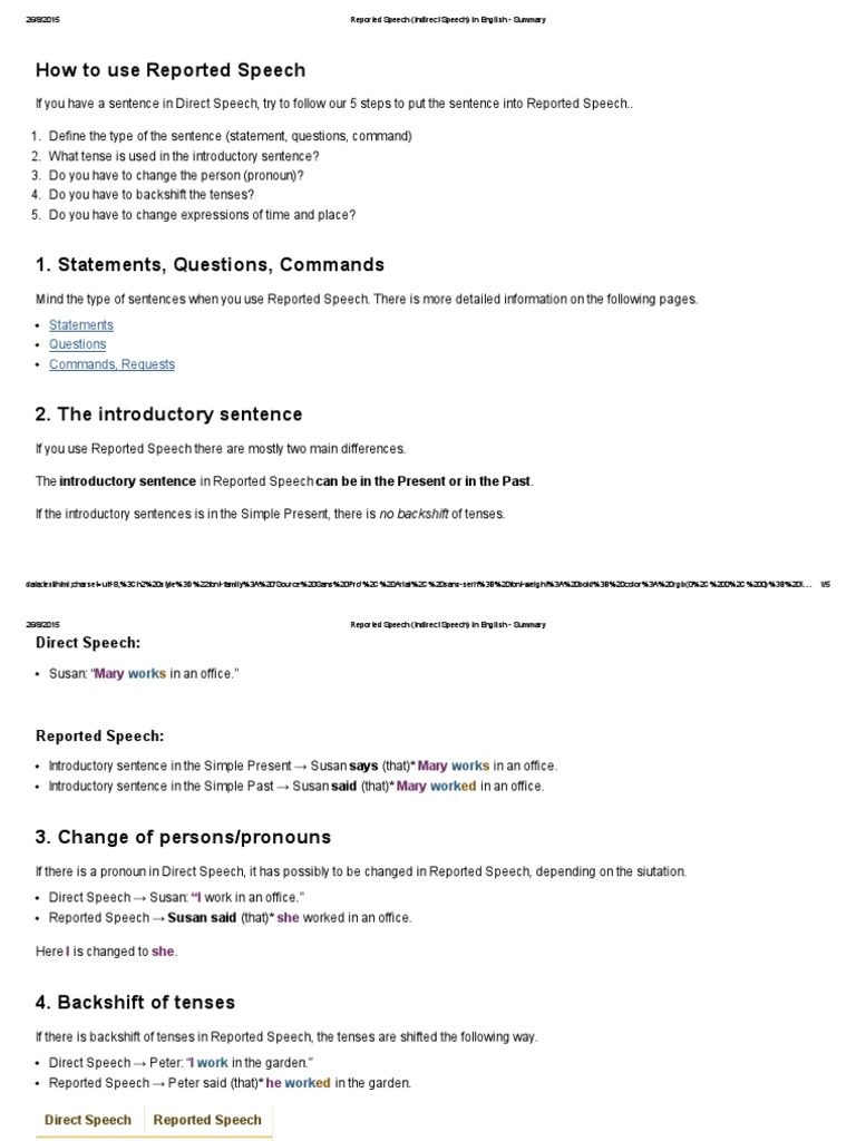 Reported Speech (Indirect Speech) in English - Summary | PDF ...