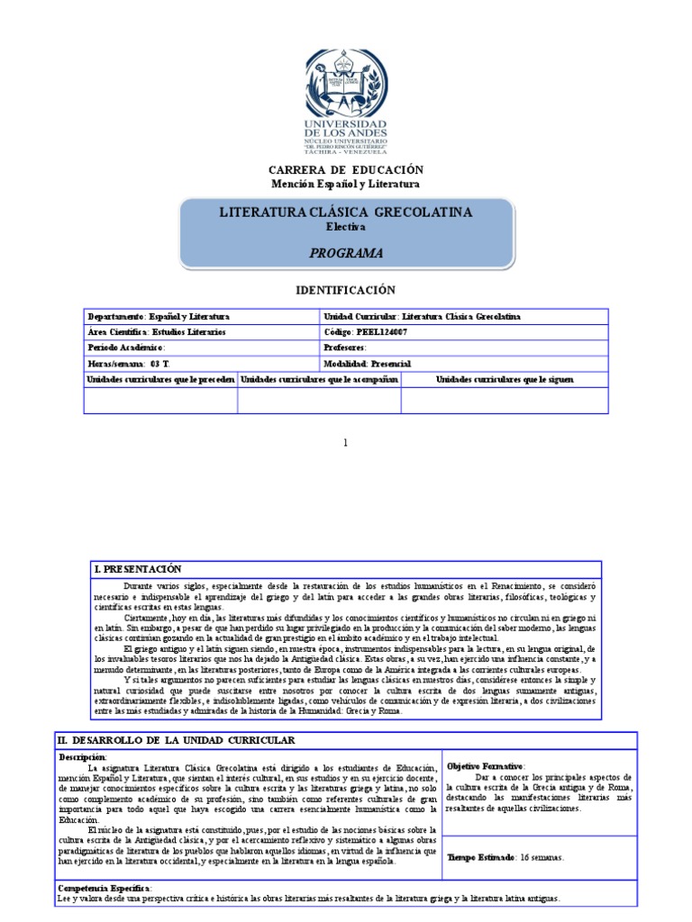Programa Literatura Clásica Grecolatina - Electiva | PDF | Literatura antigua | Mitología griega