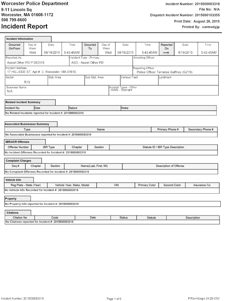 Worcester Police Department Incident Report | PDF