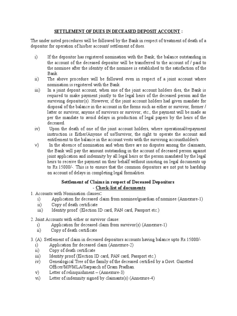 Deceased Settlement | Deposit Account | Death Certificate