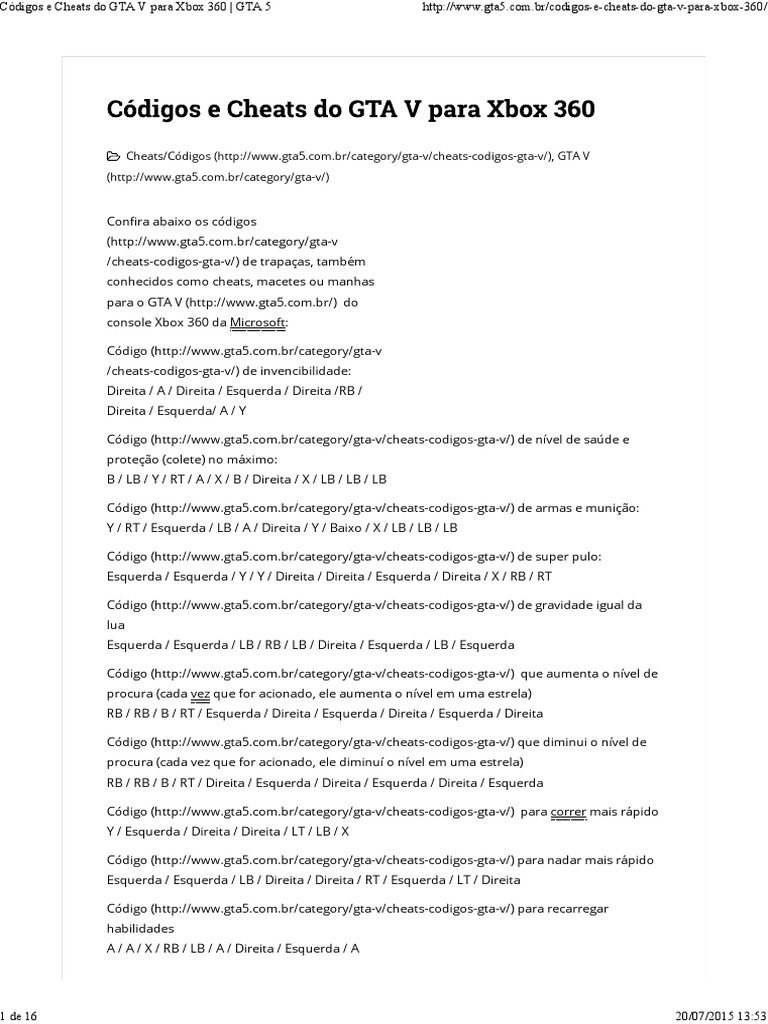 Códigos e Cheats Do GTA V para Xbox 360 - GTA 5 | PDF | Xbox | Consoles ...