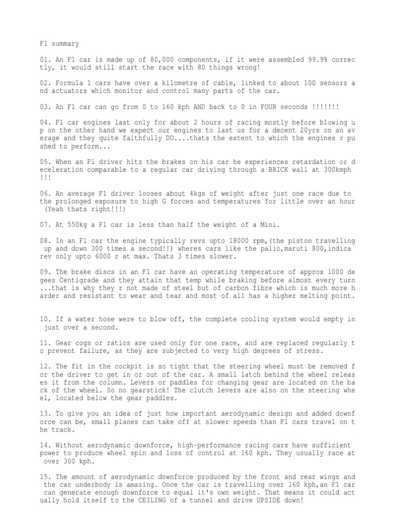 F1 Facts | PDF | Formula One | Automotive Technologies