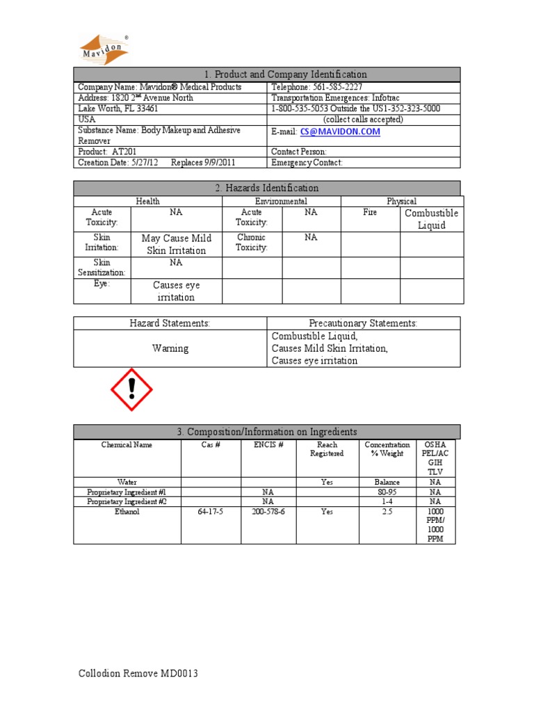 Mavidon Makeup Remover MSDS | PDF | Toxicity | Carbon Dioxide