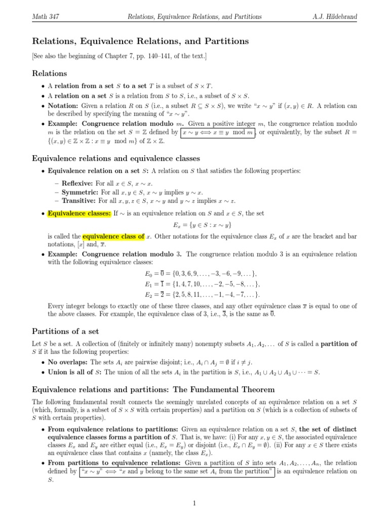 Relations, Equivalence Relations, and Partitions | PDF | Set (Mathematics) | Integer